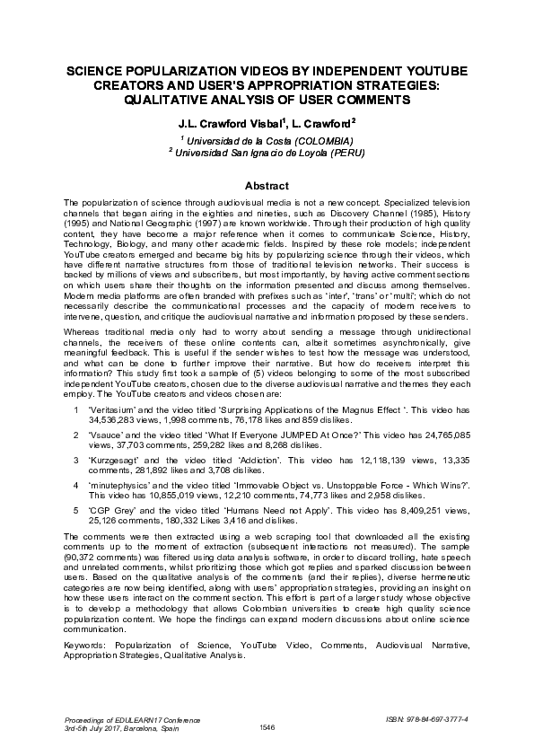 (PDF) Science Popularization Videos by Independent YouTube Creators and ...