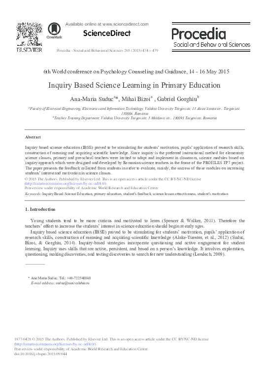 (PDF) Inquiry Based Science Learning in Primary Education