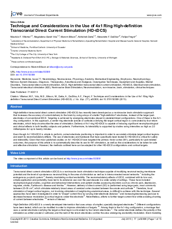 (PDF) Technique and Considerations in the Use of 4x1 Ring High-definition Transcranial Direct ...