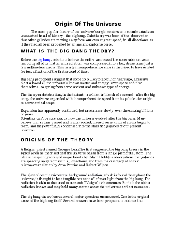 (DOC) Origin Of The Universe WHAT IS THE BIG BANG THEORY