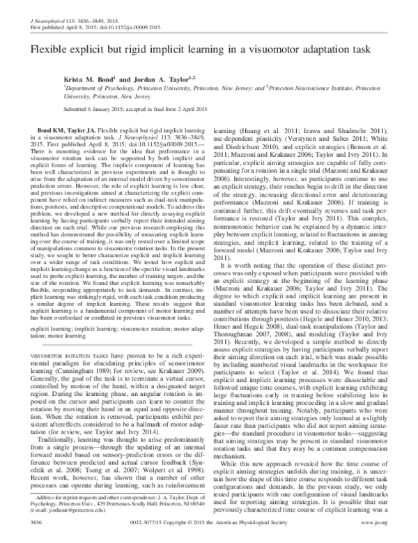 Pdf Flexible Explicit But Rigid Implicit Learning In A Visuomotor Adaptation Task