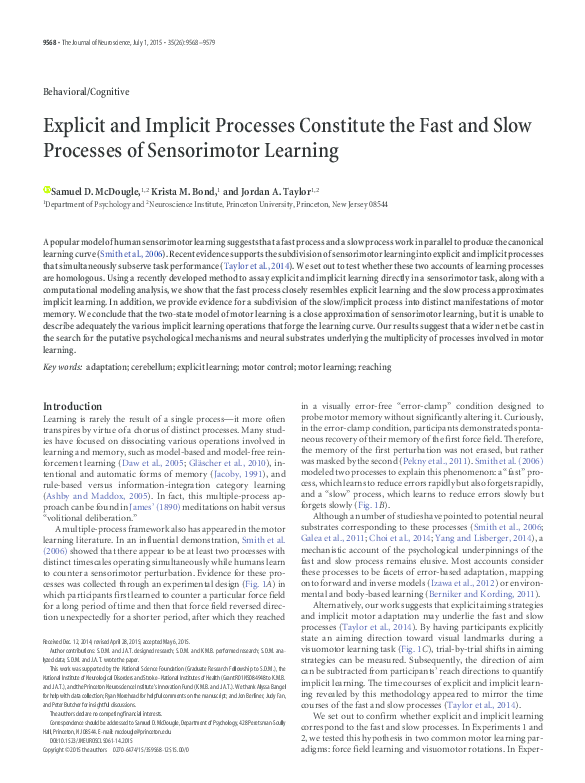 Pdf Explicit And Implicit Processes Constitute The Fast And Slow Processes Of Sensorimotor