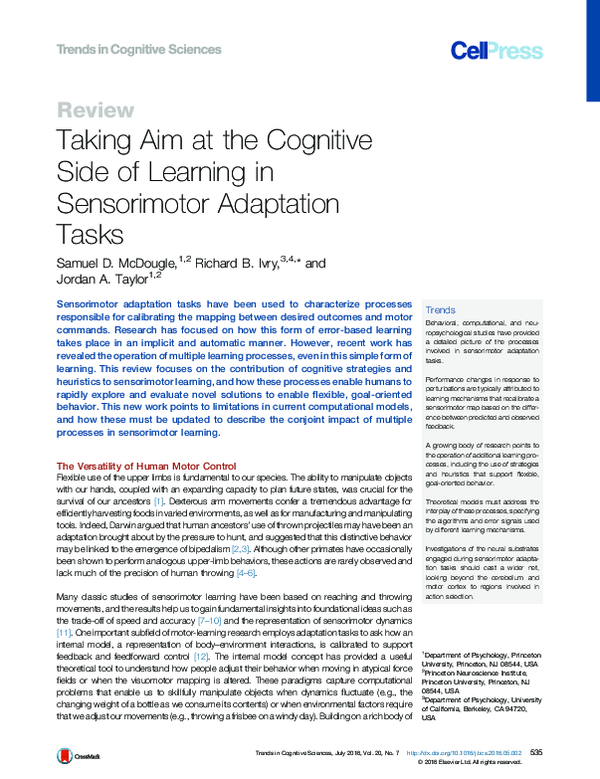 (PDF) Taking Aim at the Cognitive Side of Learning in Sensorimotor Adaptation Tasks