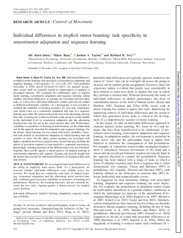 Pdf Individual Differences In Implicit Motor Learning Task