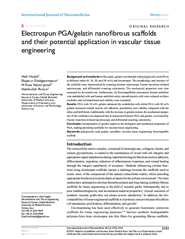 (PDF) Electrospun PGA/gelatin nanofibrous scaffolds and their potential application in vascular ...