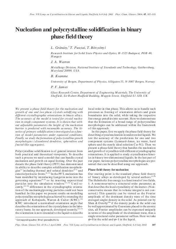 (PDF) Nucleation and polycrystalline solidification in binary phase field theory