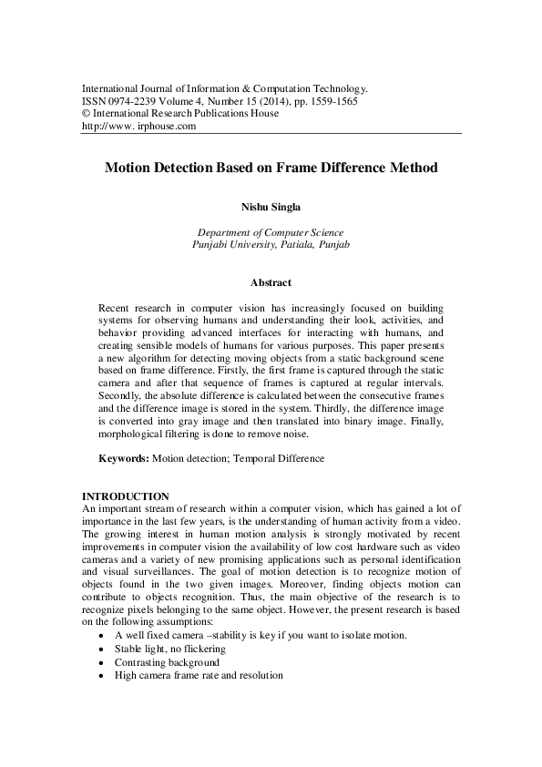 (PDF) Motion Detection Based on Frame Difference Method