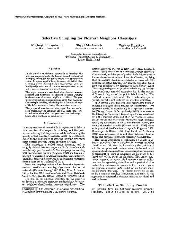 (PDF) Selective Sampling for Nearest Neighbor Classifiers