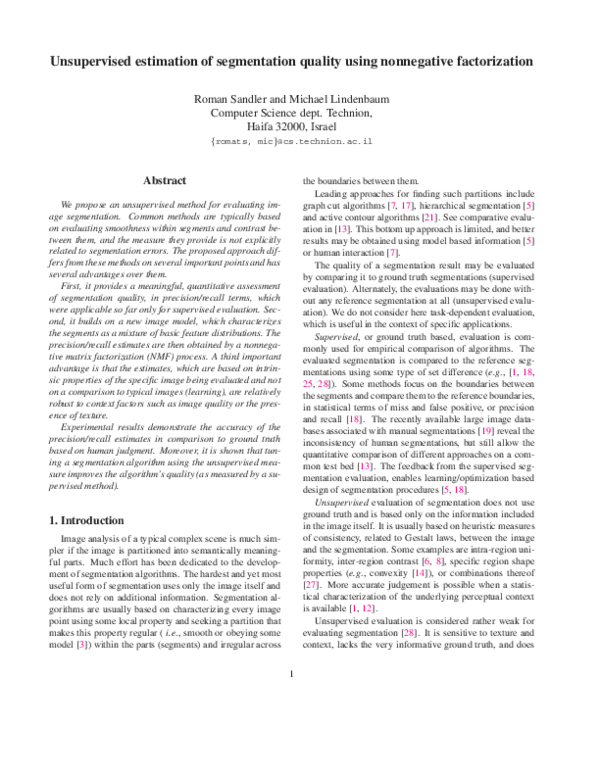 (PDF) Unsupervised estimation of segmentation quality using nonnegative factorization