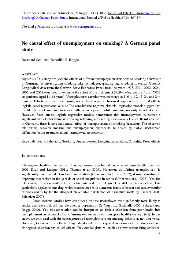 (PDF) No causal effect of unemployment on smoking? A German panel study
