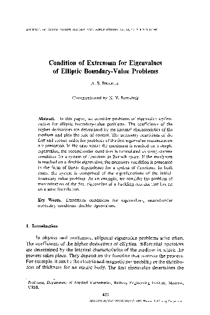 Pdf Condition Of Extremum For Eigenvalues Of Elliptic Boundary Value Problems Alexander