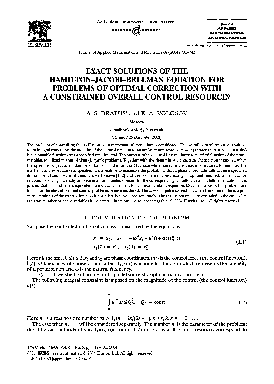 (PDF) Exact solutions of the hamilton-jacobi-bellman equation for ...