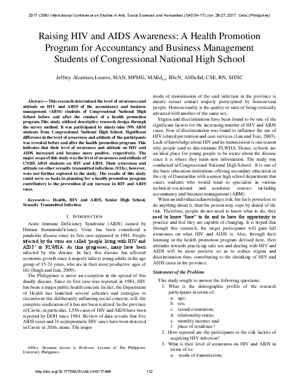 (PDF) Raising HIV and AIDS Awareness: A Health Promotion Program for ...