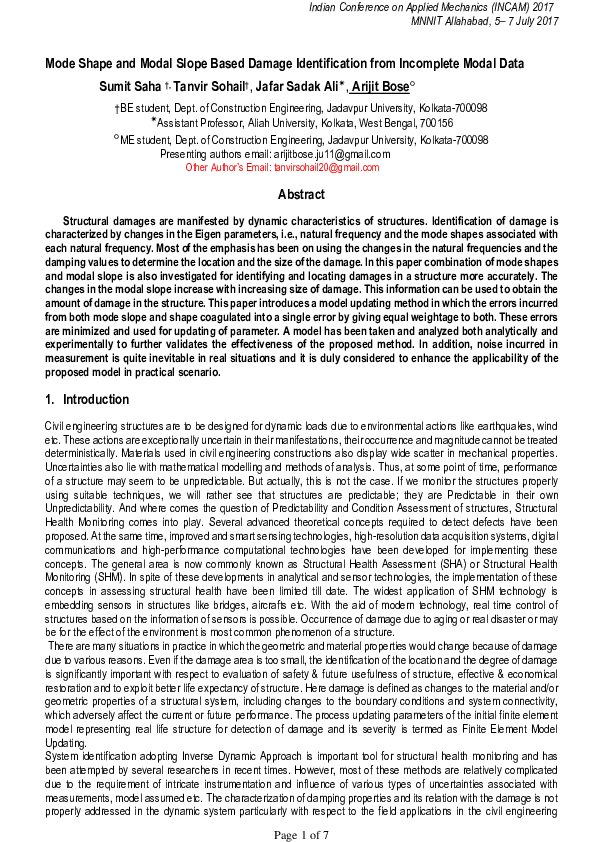(PDF) Mode Shape and Modal Slope Based Damage Identification from Incomplete Modal Data