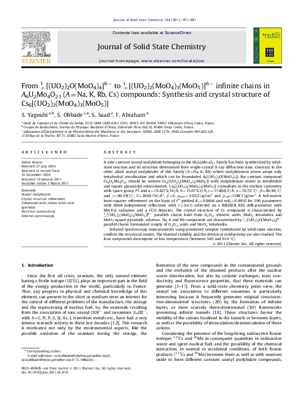 (PDF) From ∞1[(UO2)2O(MoO4)4]6− to ∞1[(UO2)2(MoO4)3(MoO5)]6− infinite ...