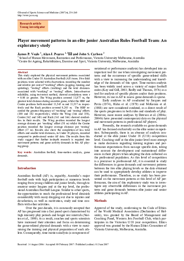 (PDF) Player movement patterns in an elite junior Australian rules ...