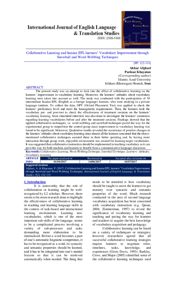 Pdf Collaborative Learning And Iranian Efl Learners Vocabulary