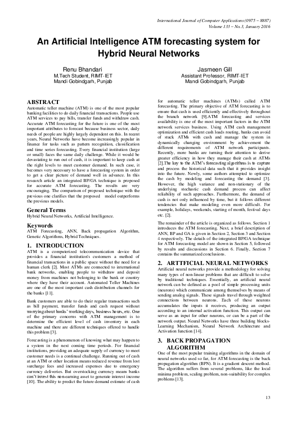 (PDF) An Artificial Intelligence ATM forecasting system for Hybrid Neural Networks