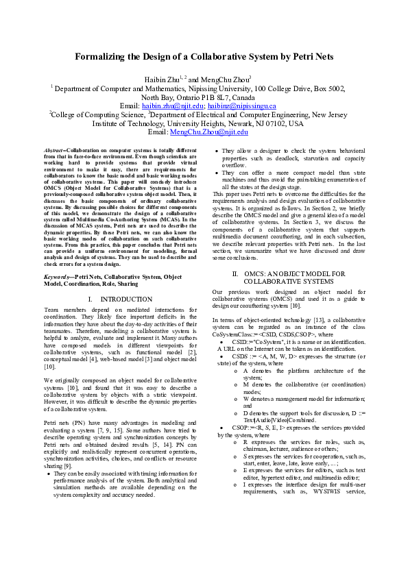 (PDF) Formalizing the design of a collaborative system by Petri nets