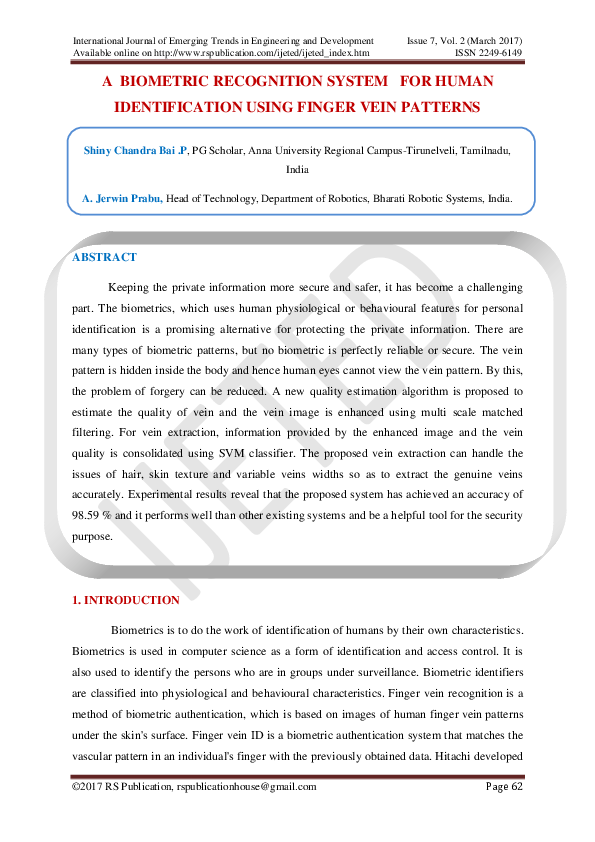(PDF) A BIOMETRIC RECOGNITION SYSTEM FOR HUMAN IDENTIFICATION USING FINGER VEIN PATTERNS ...
