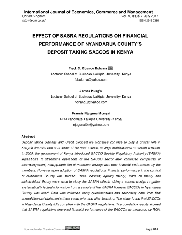(PDF) EFFECT OF SASRA REGULATIONS ON FINANCIAL PERFORMANCE OF NYANDARUA COUNTY'S DEPOSIT TAKING ...