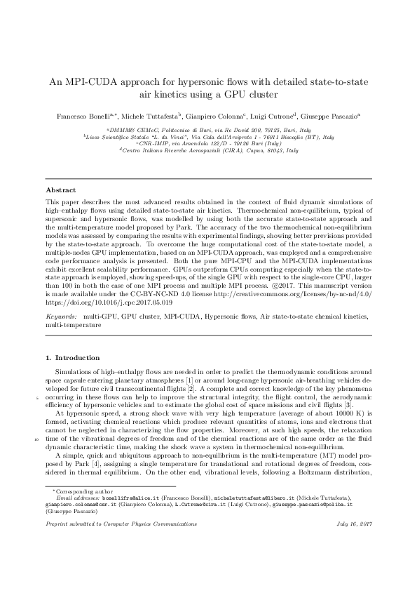Pdf An Mpi Cuda Approach For Hypersonic Flows With Detailed State To State Air Kinetics Using