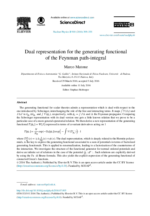 (PDF) Dual representation for the generating functional of the Feynman path-integral