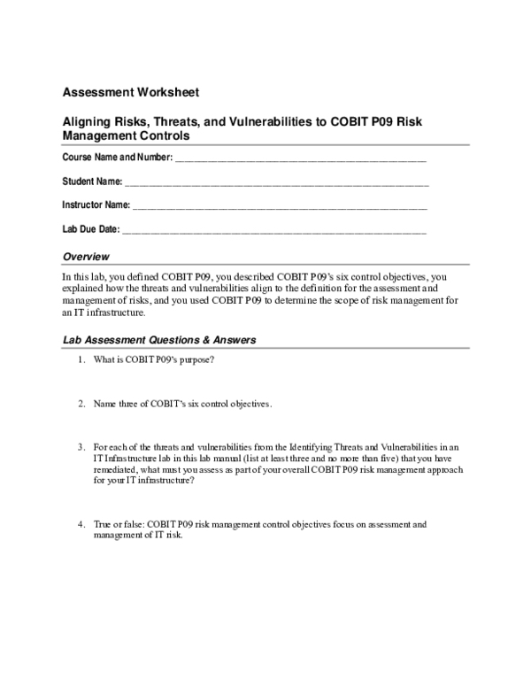 (PDF) Assessment Worksheet Aligning Risks, Threats, and Vulnerabilities ...