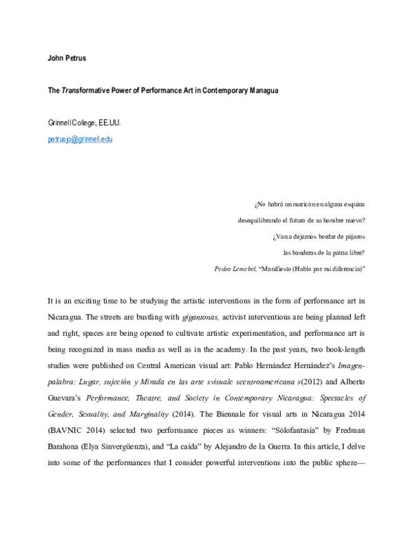 (PDF) The Transformative Power of Performance Art in Contemporary Managua