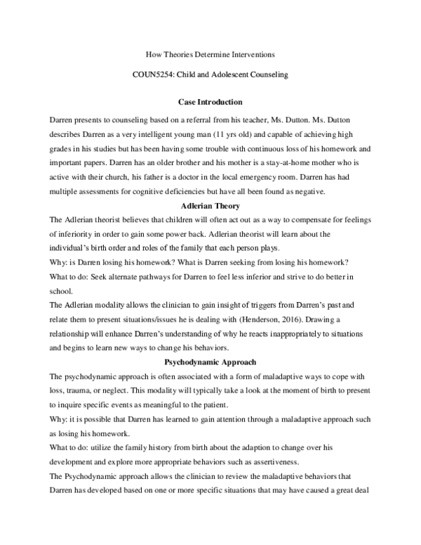 (DOC) How Theories Determine Interventions COUN5254: Child and ...