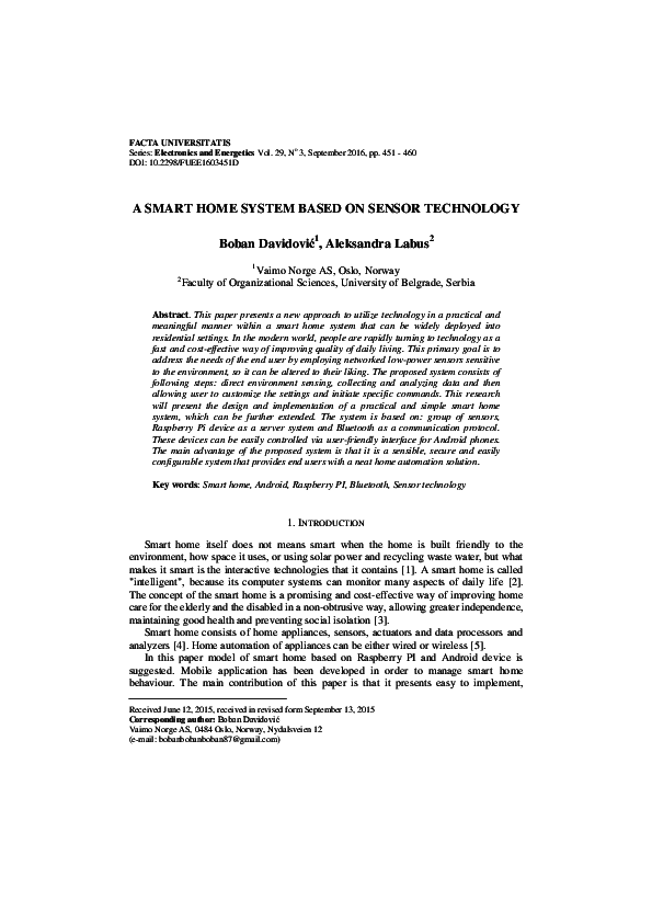 (PDF) A SMART HOME SYSTEM BASED ON SENSOR TECHNOLOGY