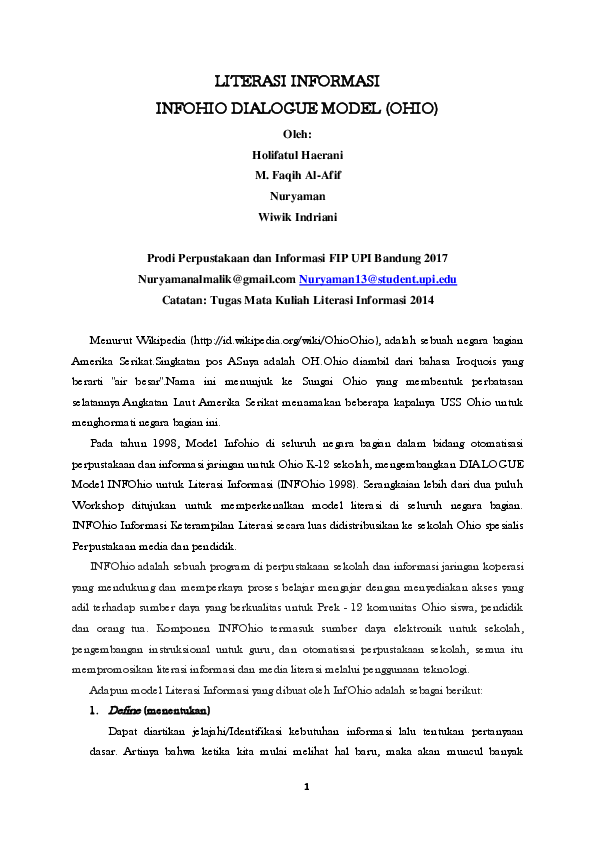 (DOC) [Tugas Kuliah] Literasi informasi INFOHIO dialogue Model OHIO