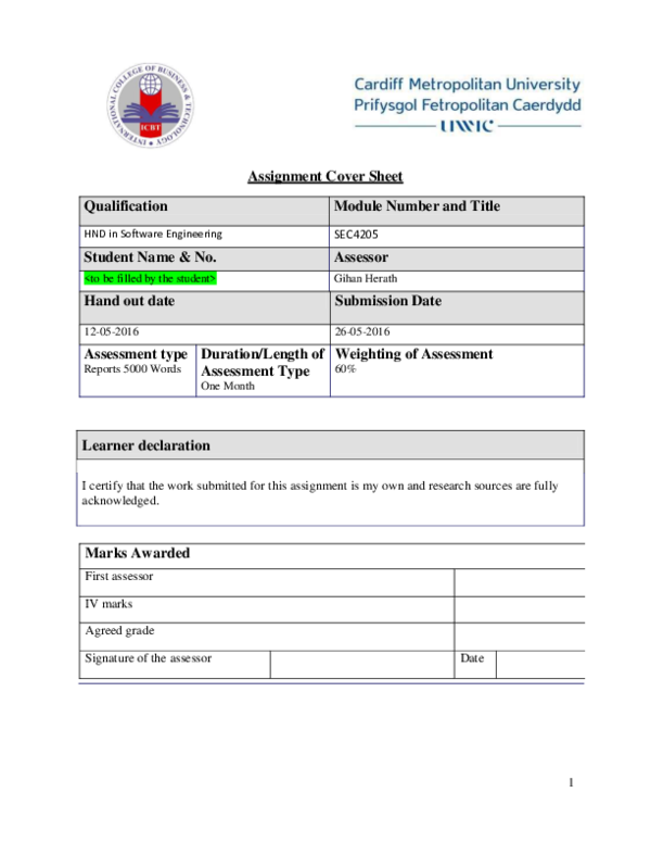 (PDF) Assignment Cover Sheet Qualification Module Number and Title HND in Software Engineering ...
