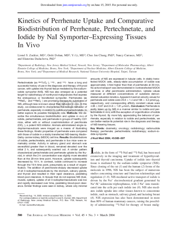 (PDF) Kinetics of Perrhenate Uptake and Comparative Biodistribution of ...