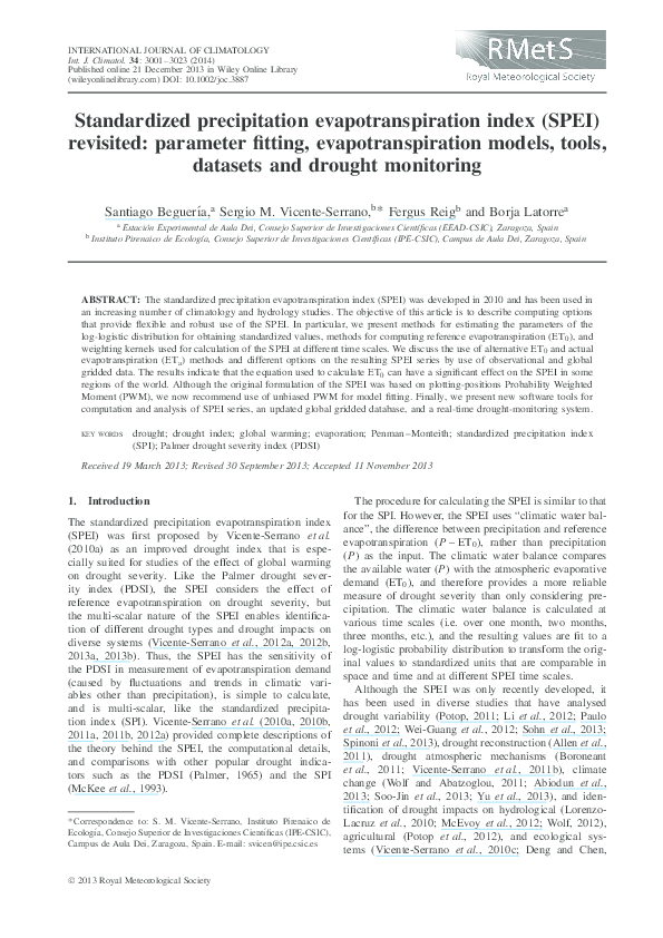 (PDF) Standardized precipitation evapotranspiration index (SPEI ...