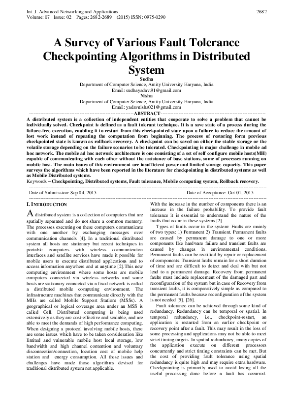 Pdf A Survey Of Various Fault Tolerance Checkpointing Algorithms In Distributed System