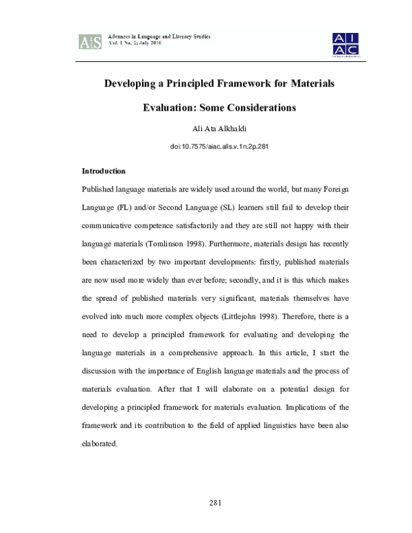 (PDF) Developing a Principled Framework for Materials Evaluation: Some ...