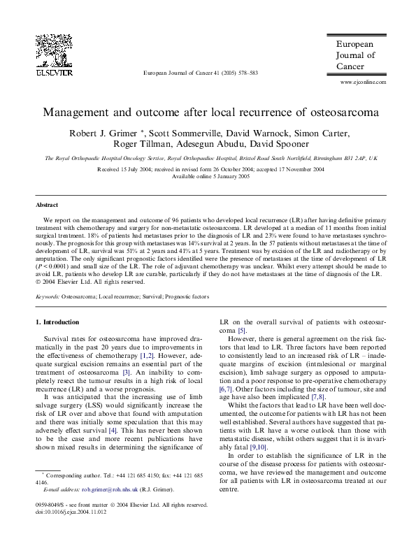 (PDF) Management and outcome after local recurrence of osteosarcoma