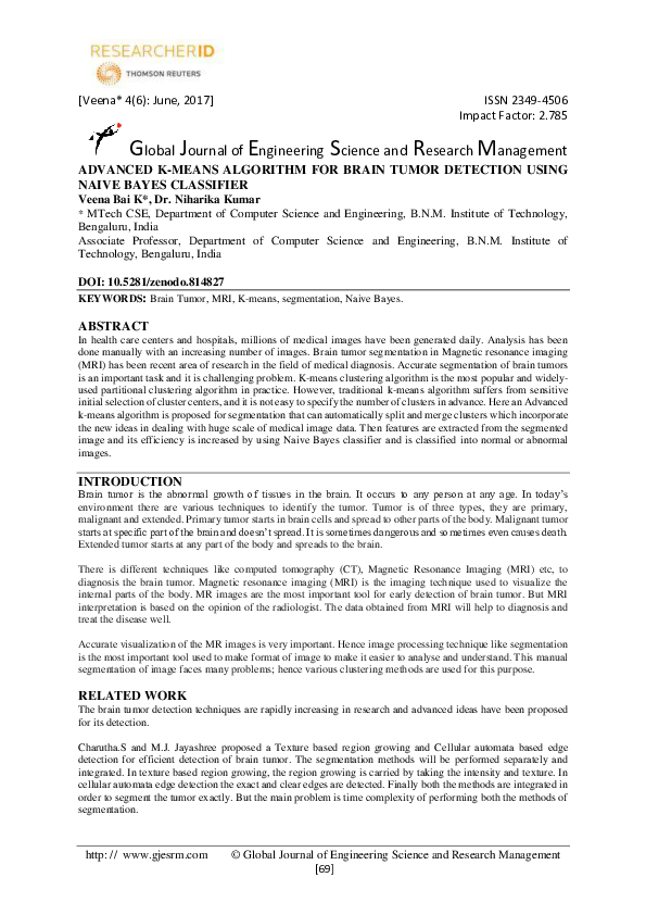 Pdf Advanced K Means Algorithm For Brain Tumor Detection Using Naive Bayes Classifier