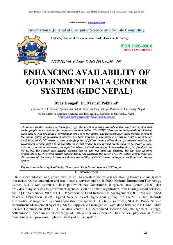 (PDF) ENHANCING AVAILABILITY OF GOVERNMENT DATA CENTER SYSTEM (GIDC NEPAL)﻿