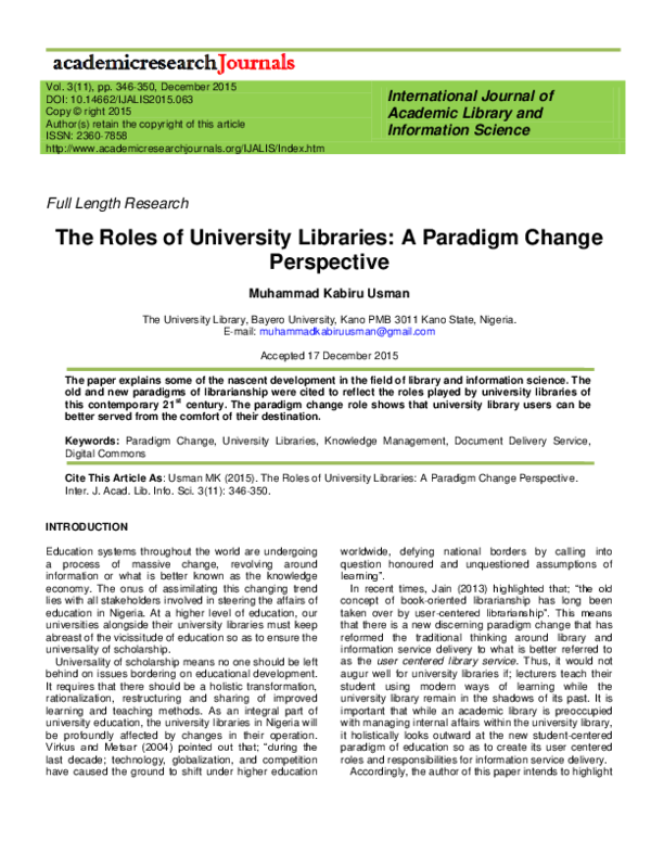 (PDF) The Roles of University Libraries: A Paradigm Change Perspective
