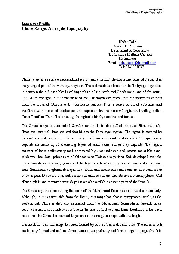 (DOC) Landscape Profile, Chure Range: A Fragile Topography