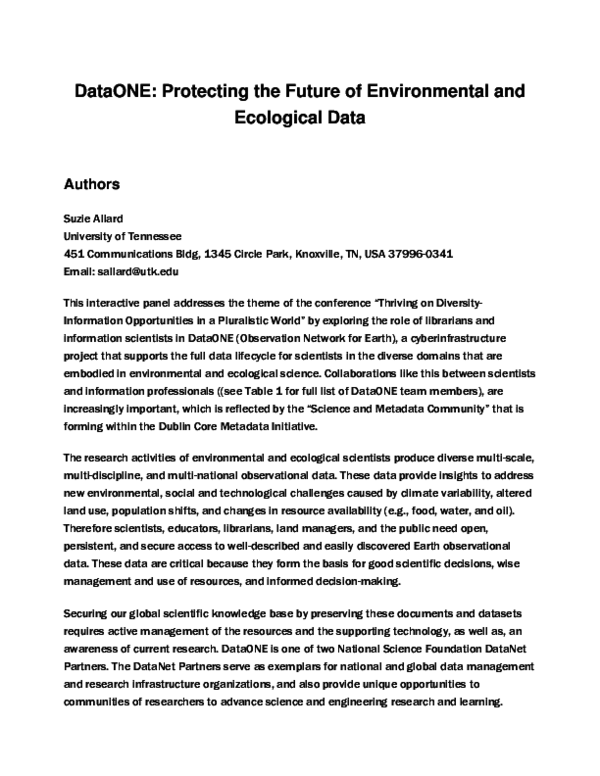 (PDF) DataONE: Protecting the future of environmental and ecological data
