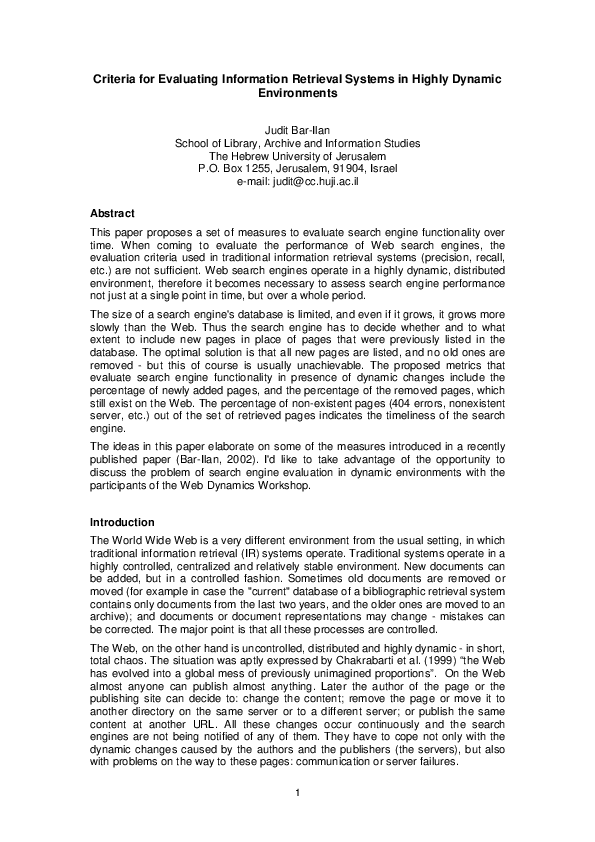 (PDF) Criteria for Evaluating Information Retrieval Systems in Highly Dynamic Environments
