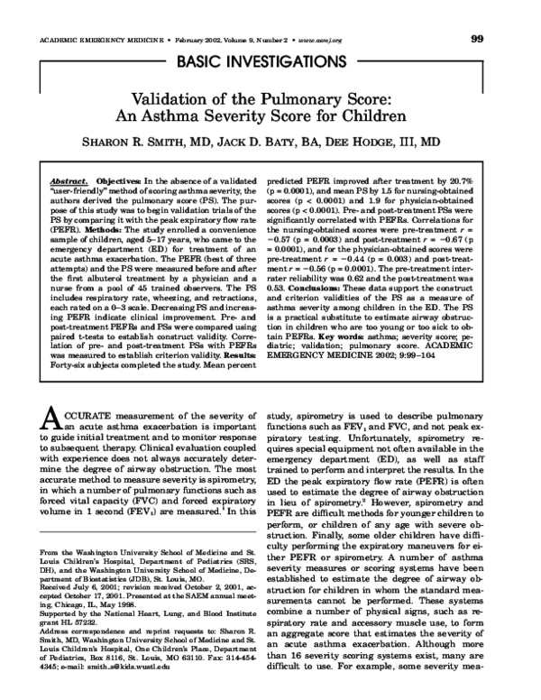(PDF) Validation of the Pulmonary Score: An Asthma Severity Score for ...