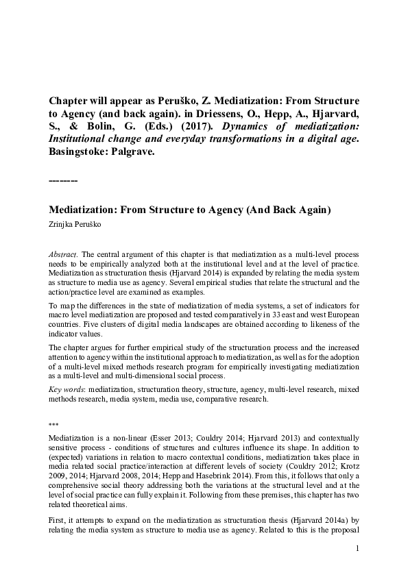 (PDF) Mediatization: From Structure to Agency (And Back Again)