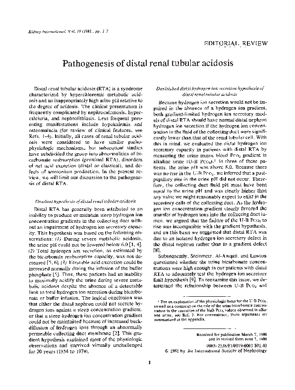(PDF) Pathogenesis of distal renal tubular acidosis