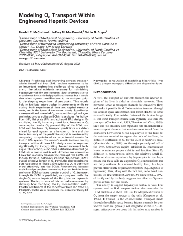 (PDF) Modeling O2 transport within engineered hepatic devices | Robin ...