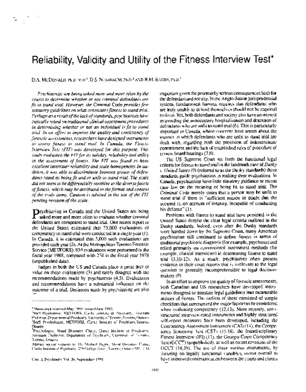 (PDF) Reliability, Validity and Utility of the Fitness Interview Test