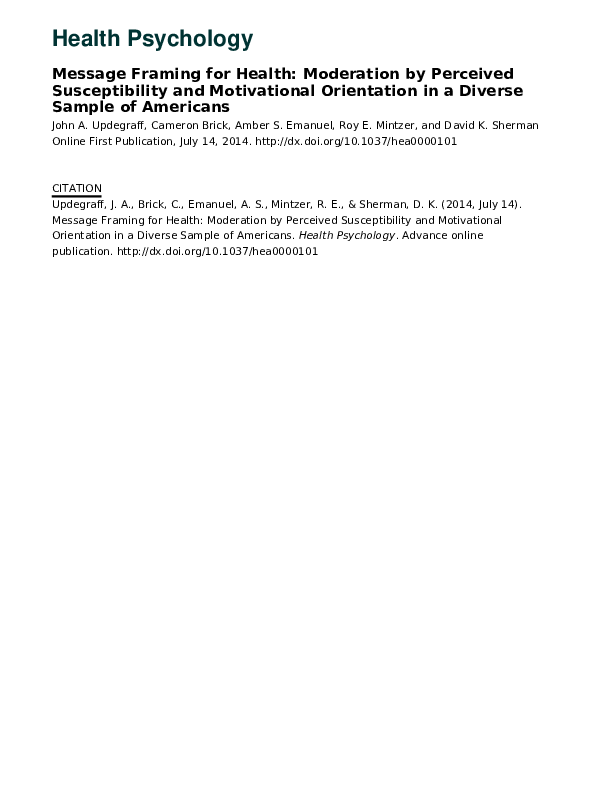 (PDF) Message framing for health: Moderation by perceived ...